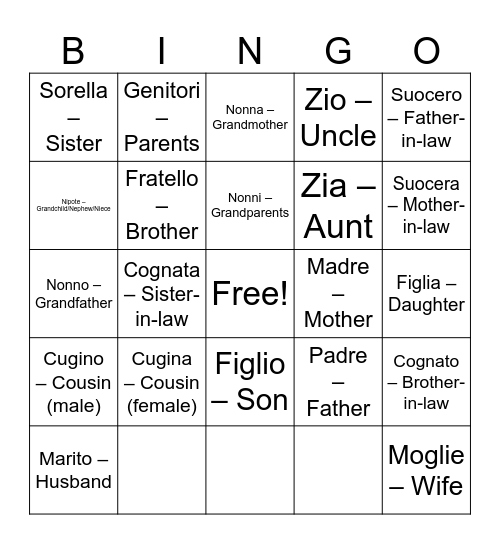 family Bingo Card