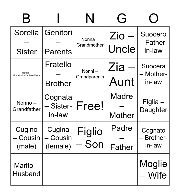 family Bingo Card