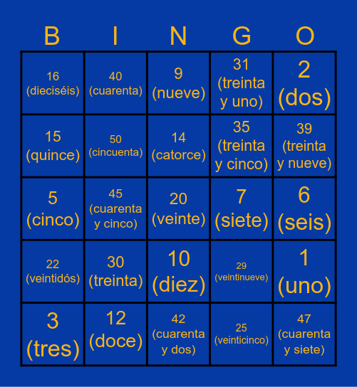 Spanish Numbers Bingo Card