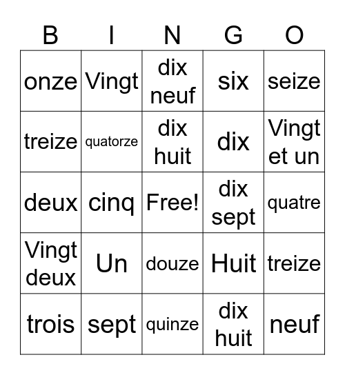 Francais Nombres Bingo Card