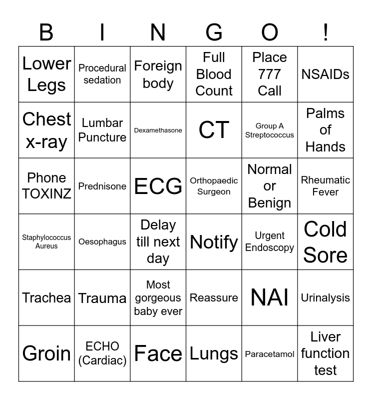 Paediatric Emergency Bingo Card