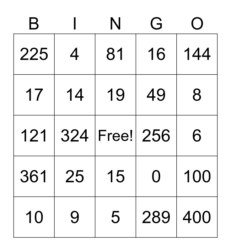 Squares and Roots Bingo Card