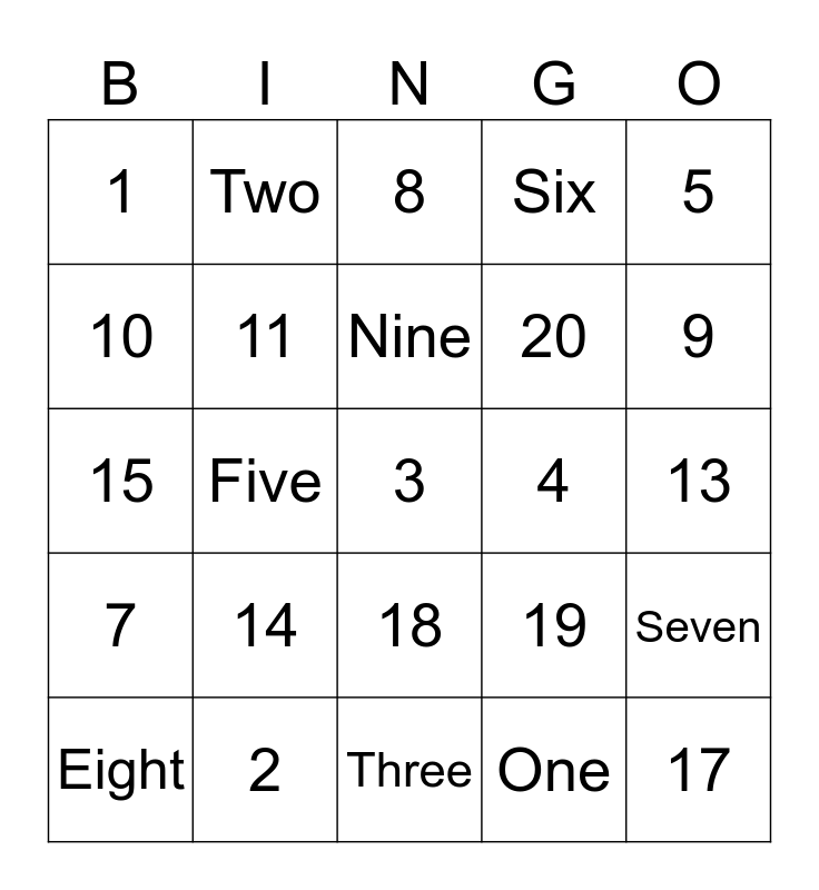 NUMBERS BINGO: 1-20 Bingo Card