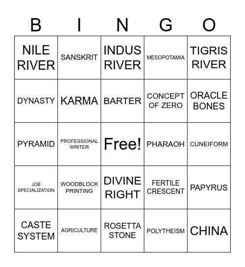 RIVER VALLEY CIVILIZATIONS Bingo Card