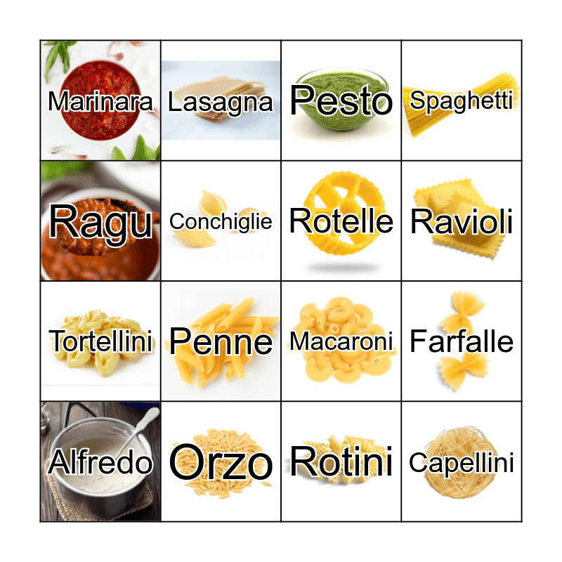 PASTA BINGO!!! Bingo Card