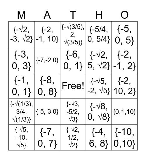 Cubics Matho! Bingo Card