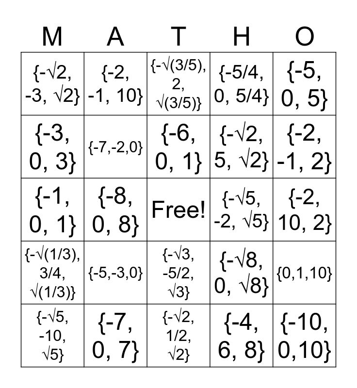 Cubics Matho! Bingo Card