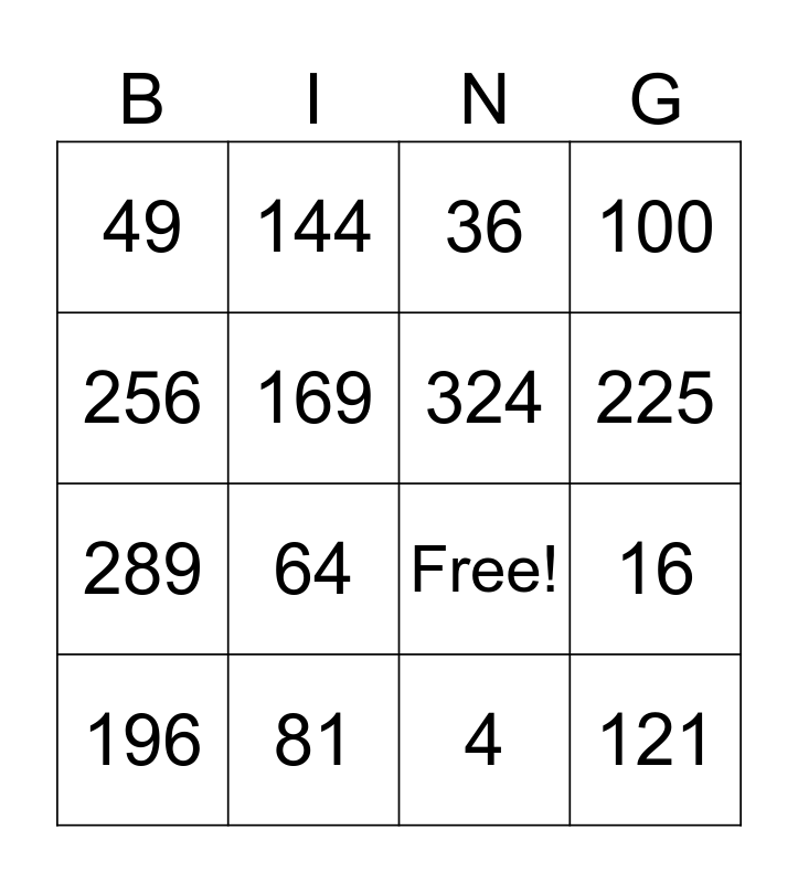 Perfect Square Bingo Card