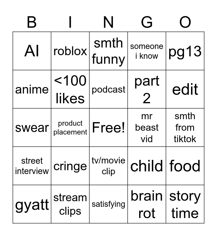 yt short bingo Card