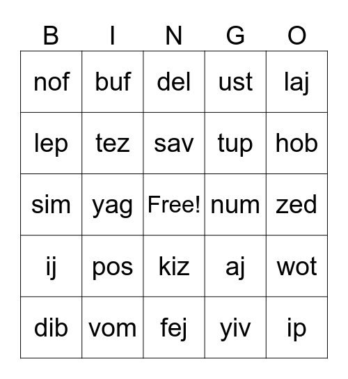 Nonsense Words Bingo Card