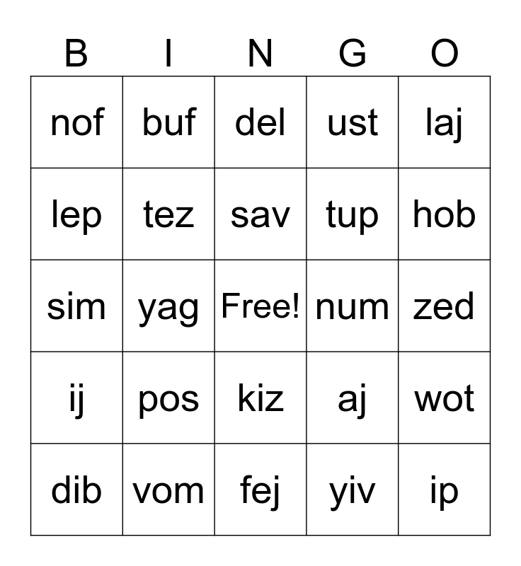 Nonsense Words Bingo Card
