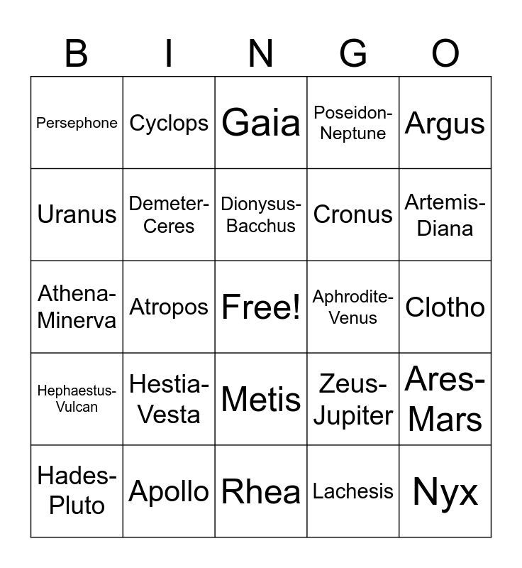Greek/Roman Mythology Bingo Card