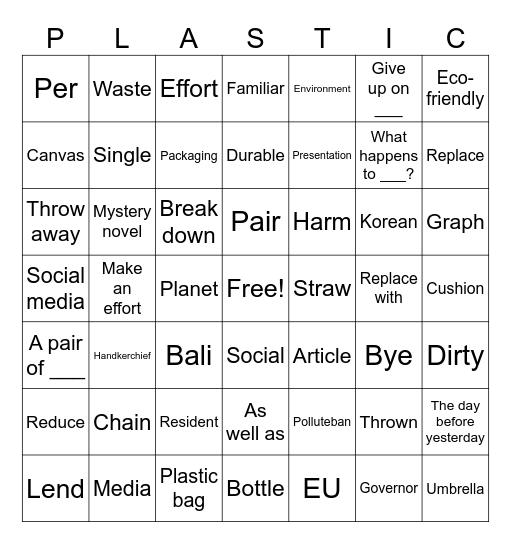 Plastic Waste Bingo Card