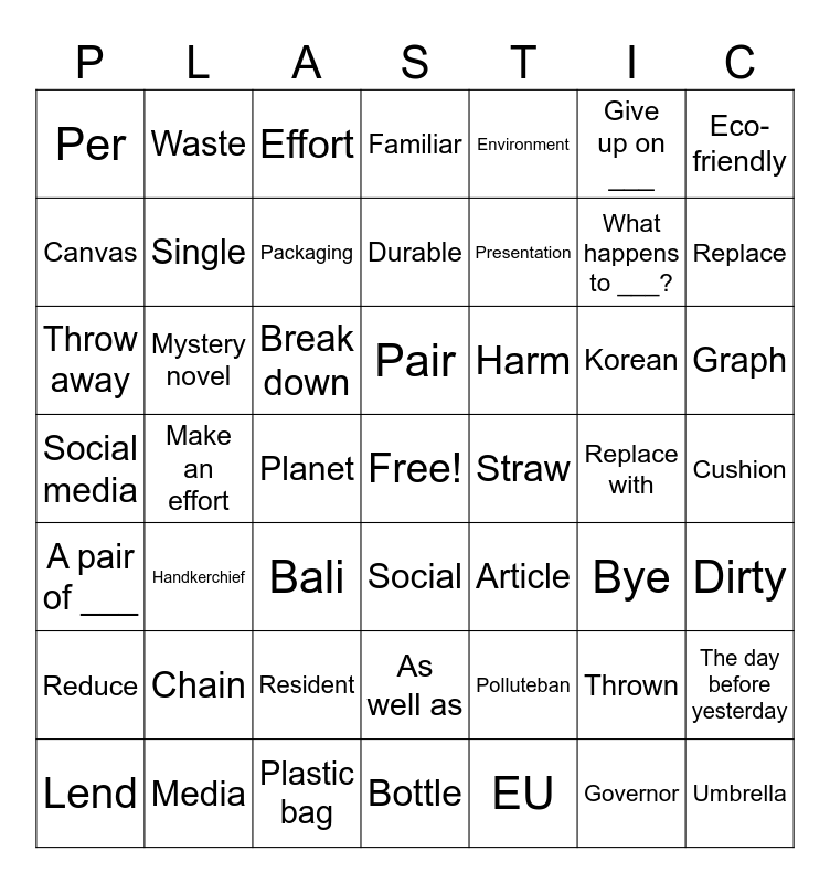 Plastic Waste Bingo Card