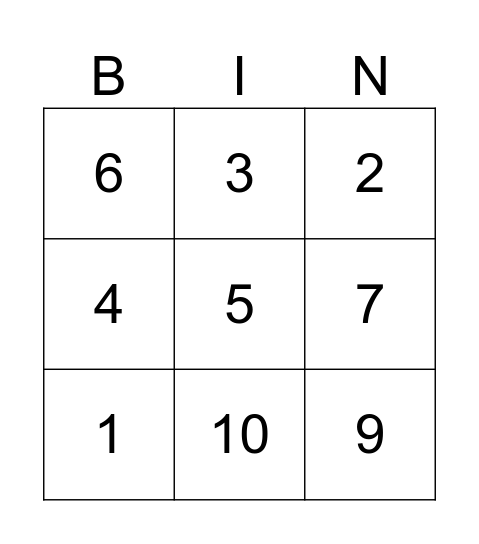 Numbers Bingo Card
