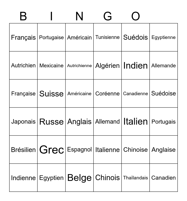 LES NATIONALITÉS Bingo Card