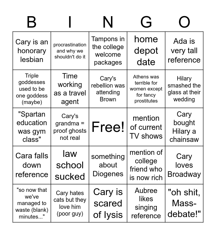 Cary Class Bingo Card