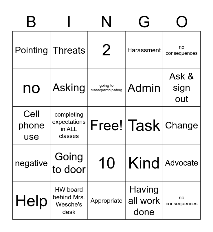 Classroom Expectations Bingo Card