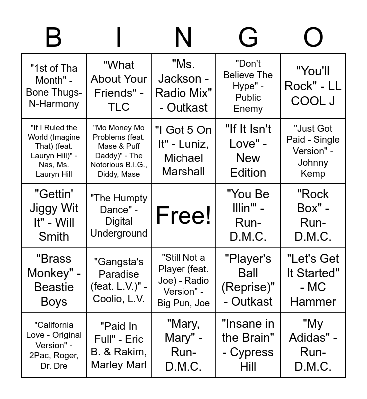 80s/90s Old School Hip Hop Music Bingo Round #2 Bingo Card