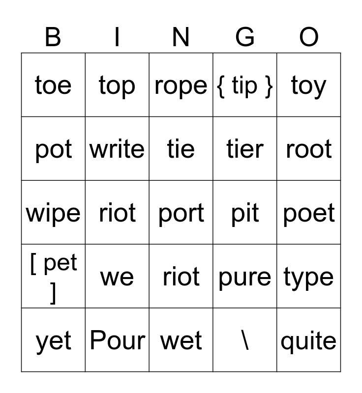 Upper Roe Words Bingo Card