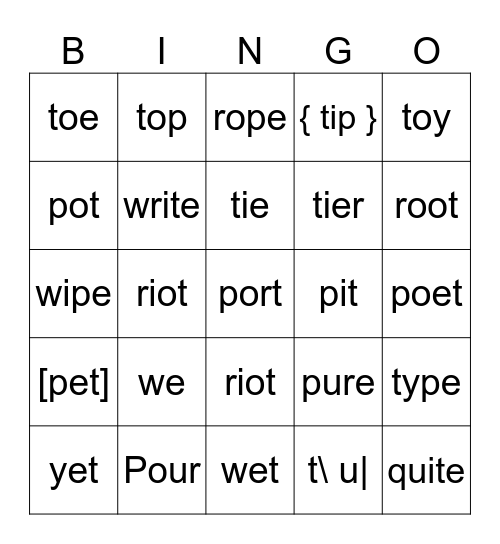 Upper Row Words Bingo#1 Bingo Card