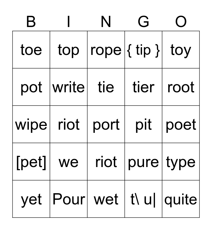 Upper Row Words Bingo#1 Bingo Card