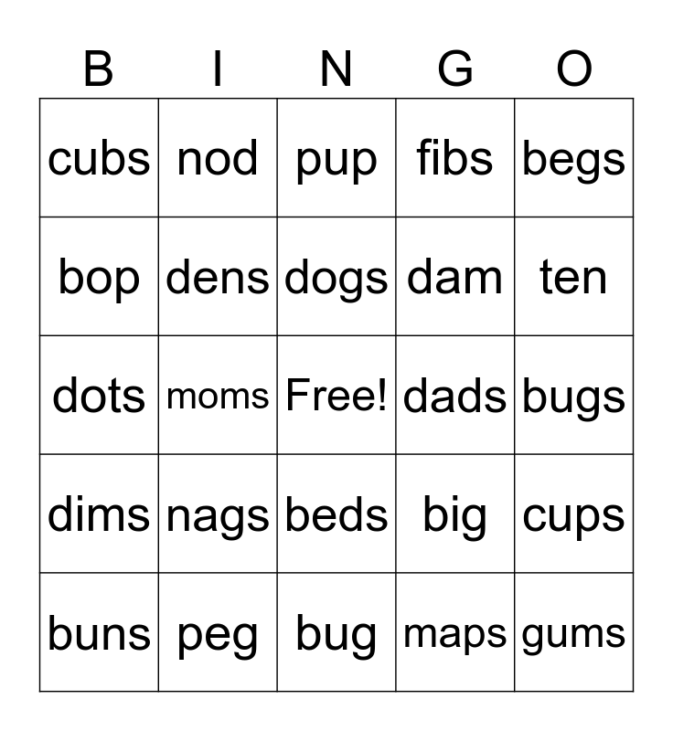 UFLI Lessons 19 CVC, 20 /s/ & 21 /z/ Bingo Card