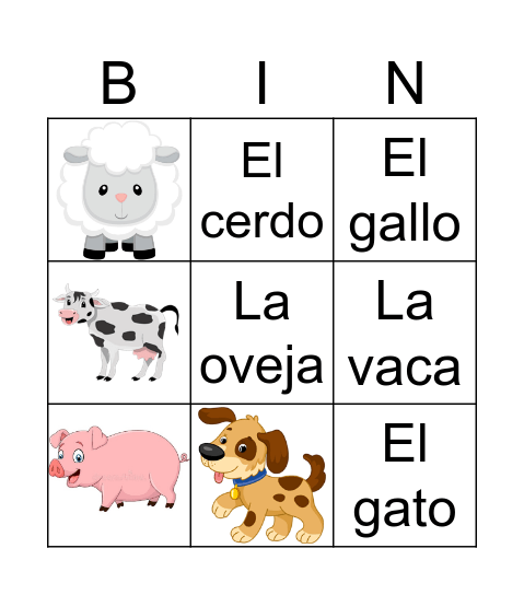 Animales de casa y la granja Bingo Card