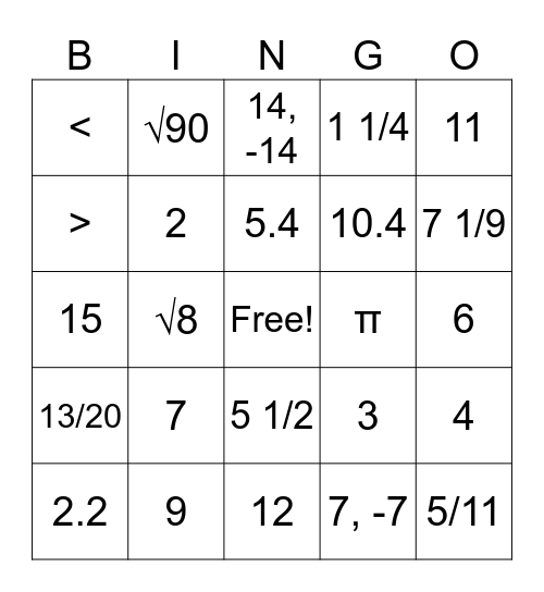 Real Numbers Bingo Card
