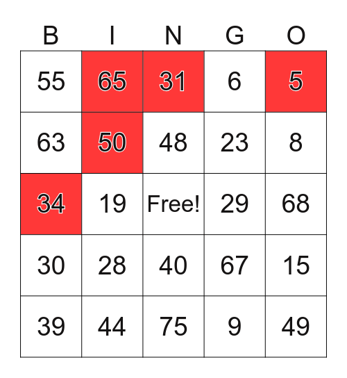 Number Bingo 1-75 Bingo Card