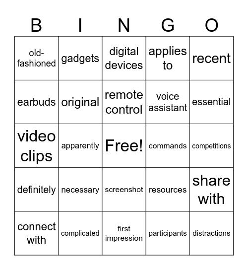 Vocabulary Bingo Card