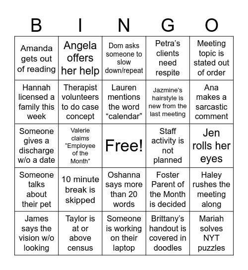 Staff Meeting Bingo Card