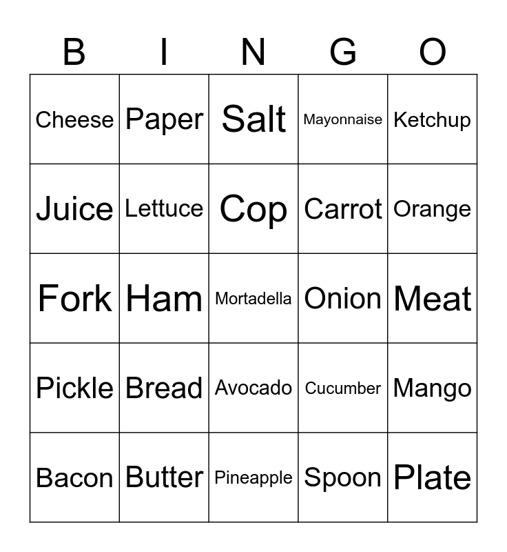 Sandwich Bingo Card