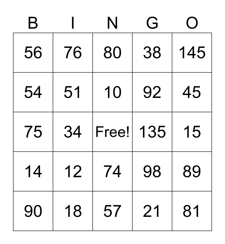 Number Bingo Card