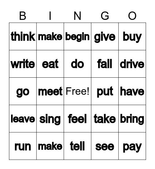 Past Tense of Irregular Verbs Bingo Card