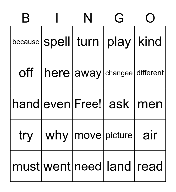 MOST COMMON WORDS LIST Bingo Card