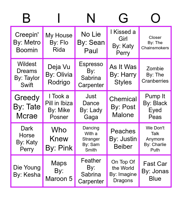 POP MUSIC BINGO R2 Bingo Card
