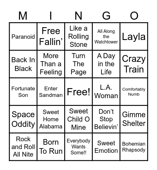 Classic Rock 3 Bingo Card
