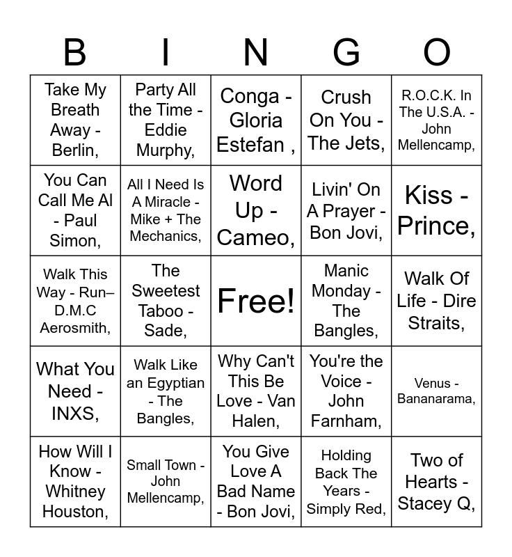 BINGO 1986 Bingo Card