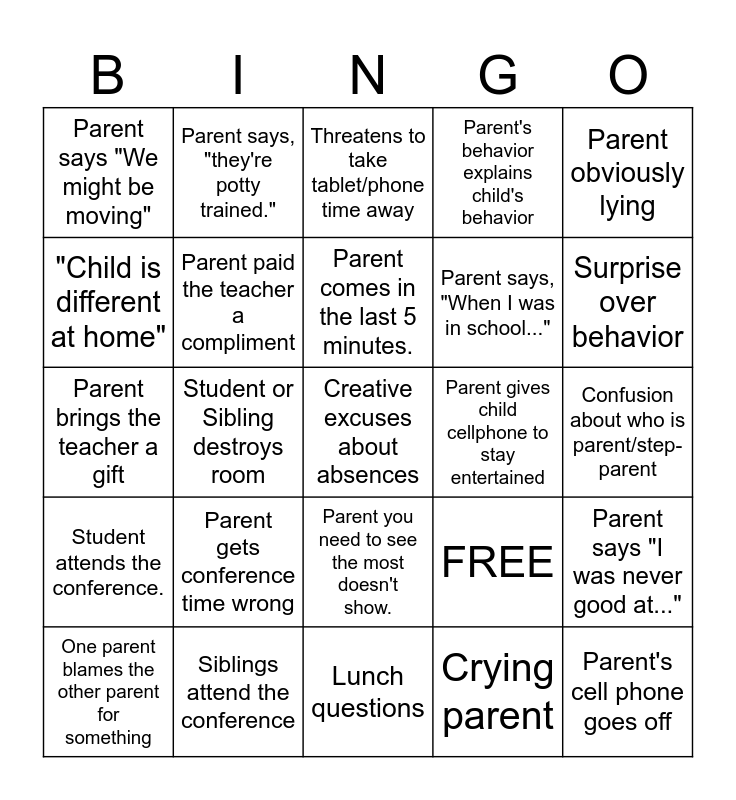Parent/Teacher Conference Bingo Card