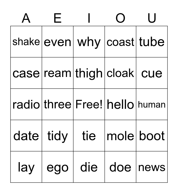 Long Vowel BINGO Card