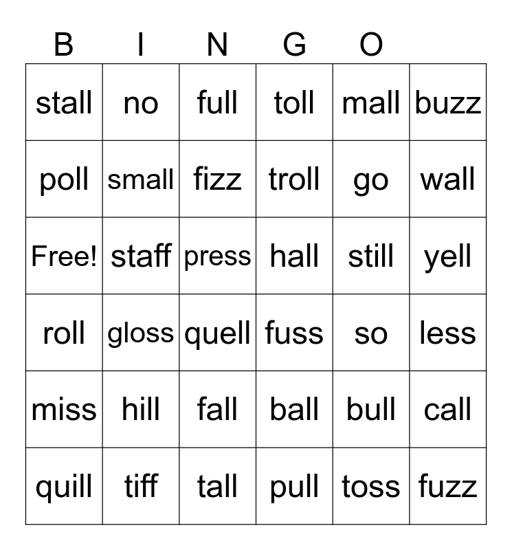 -all, -oll, -ull Bingo Card