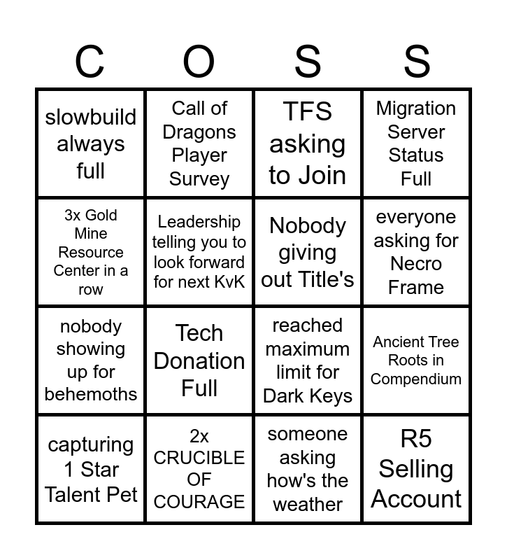 COD OFFSEASON Bingo Card