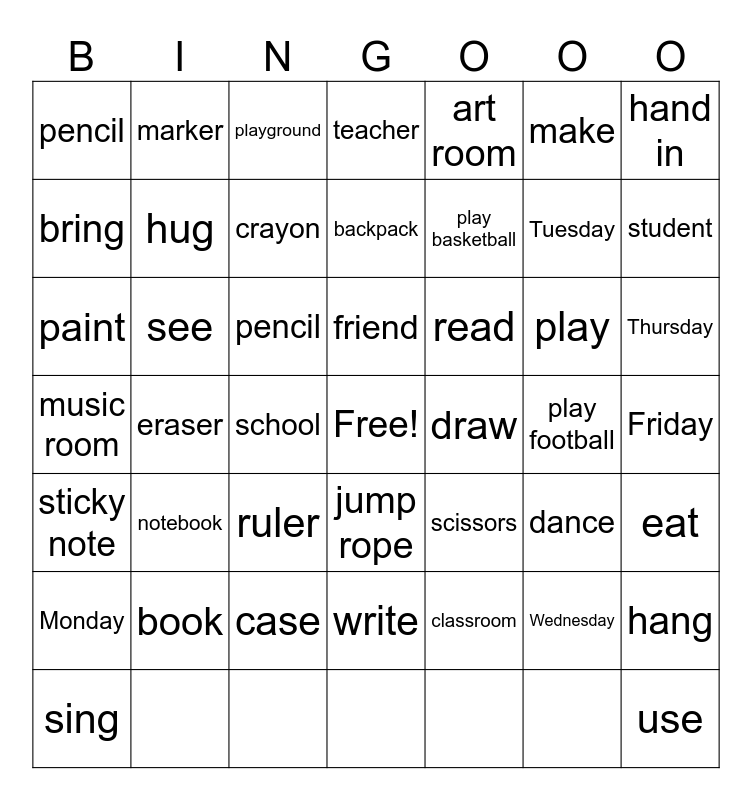 Word List Bingo Card