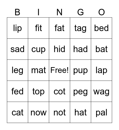 CVC Words Bingo Card