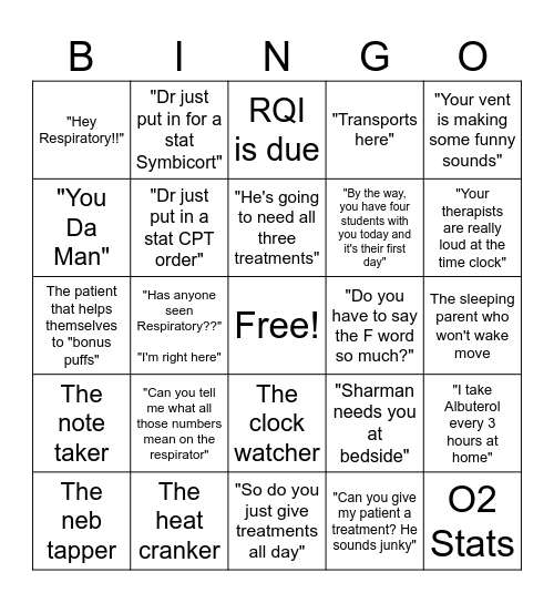 Life of an RT...things we hear and see Bingo Card