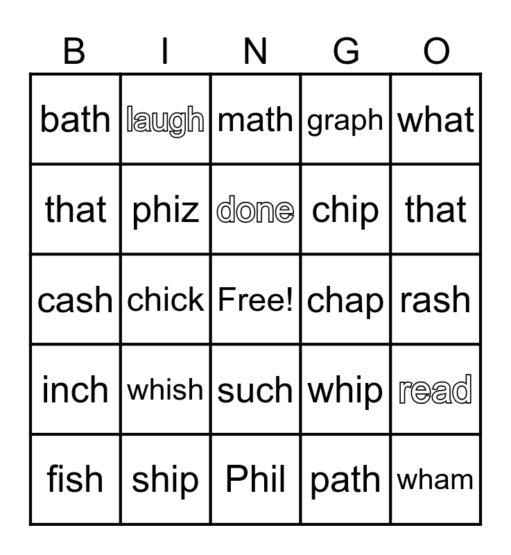 Digraphs Bingo Card