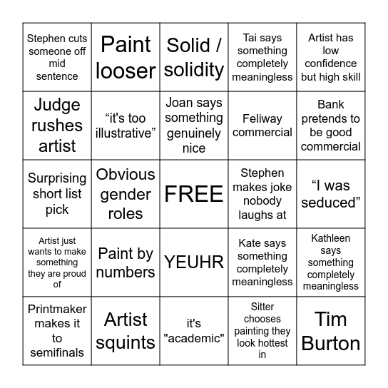 Portrait Artist Bingo Card