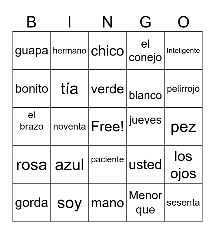 Vocabulario Bingo Card