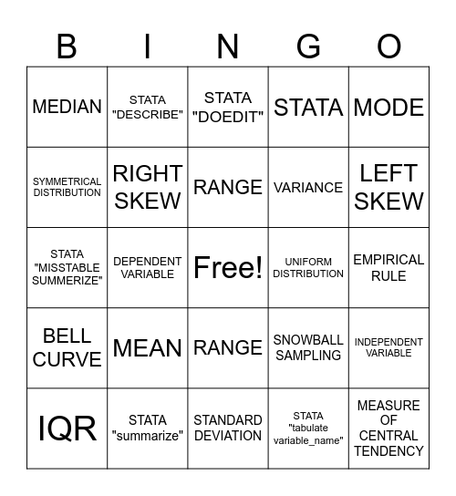 DESCRIPTIVE STATISTICS AND STATA Bingo Card
